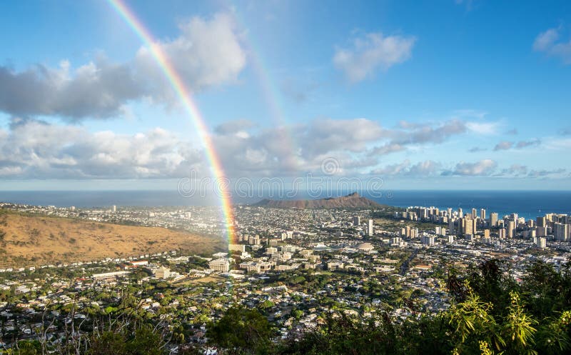 Rainbow Over Honolulu Hawaii after Rain Stock Photo - Image of ...