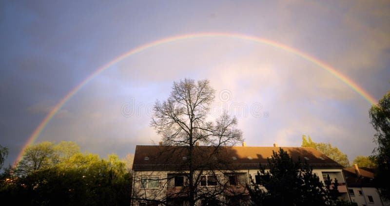 Rainbow Over House with Trees Stock Image - Image of building ...