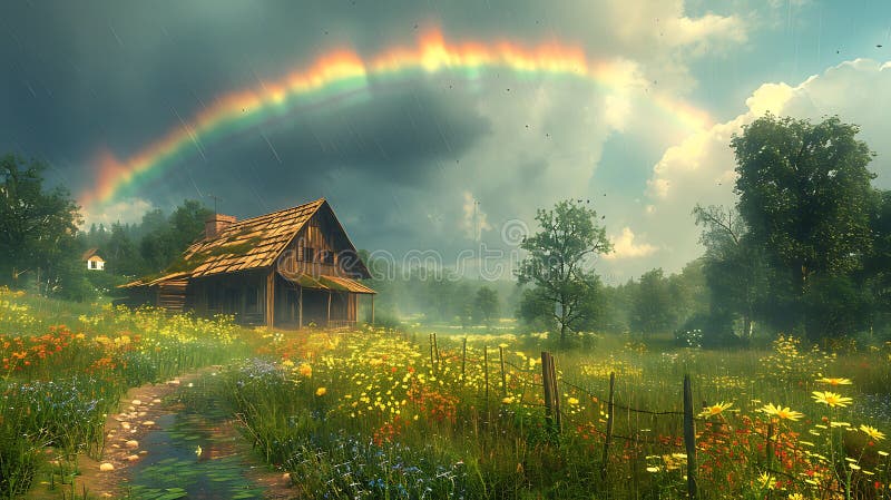 Rainbow Over Idyllic Countryside Stock Illustration - Illustration of ...