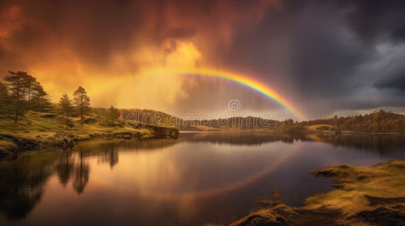 Rainbow over the lake. stock illustration. Illustration of reflection ...