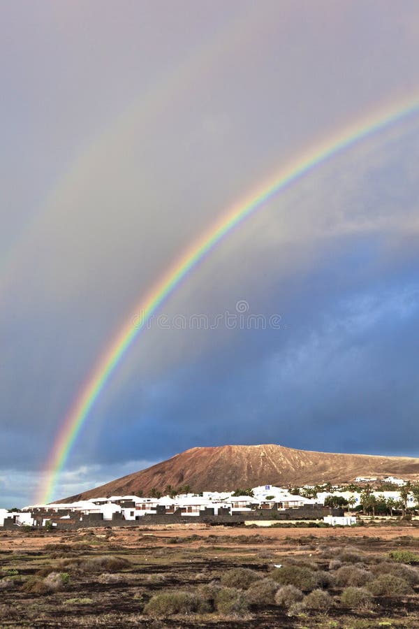 Desert Landscape: Double Rainbow Over Mountains Stock Image - Image of ...