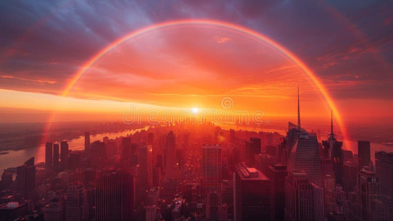 Rainbow Over a Large Modern City with High-rise Buildings Stock Photo ...