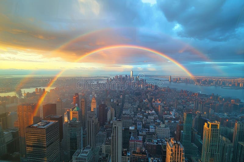 Rainbow Over a Large Modern City with High-rise Buildings Stock Photo ...