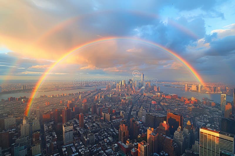 Rainbow Over a Large Modern City with High-rise Buildings Stock Image ...