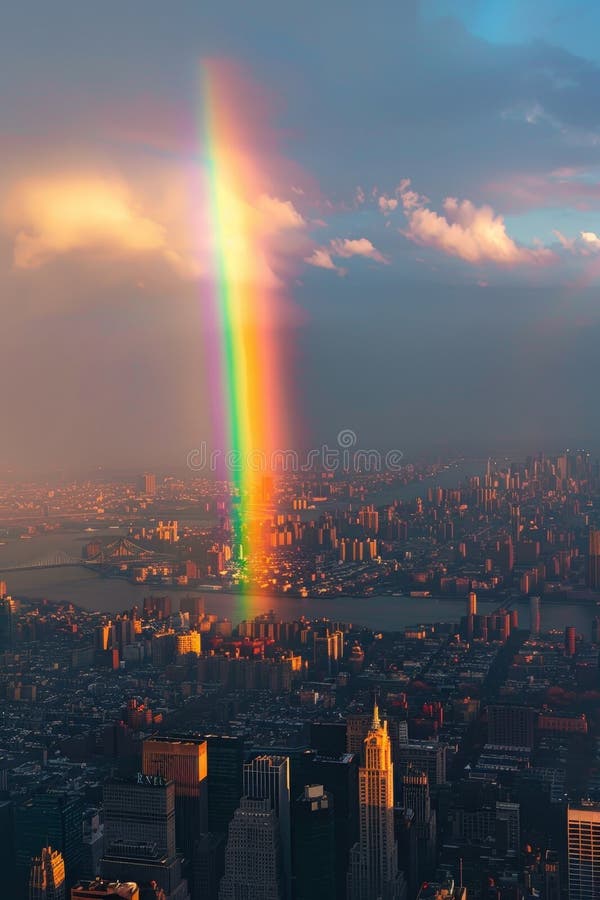 Rainbow Over a Large Modern City with High-rise Buildings Stock Image ...
