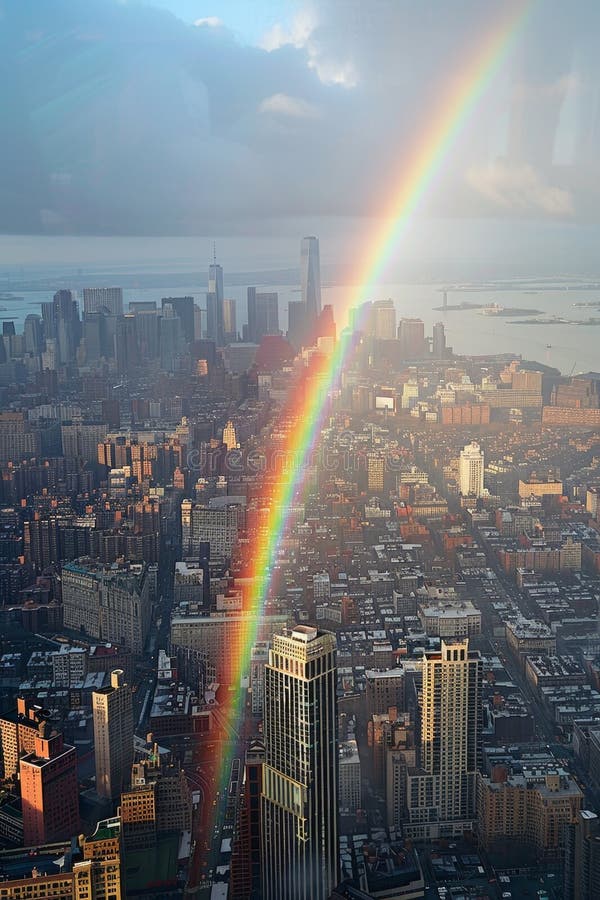 Rainbow Over a Large Modern City with High-rise Buildings Stock Photo ...