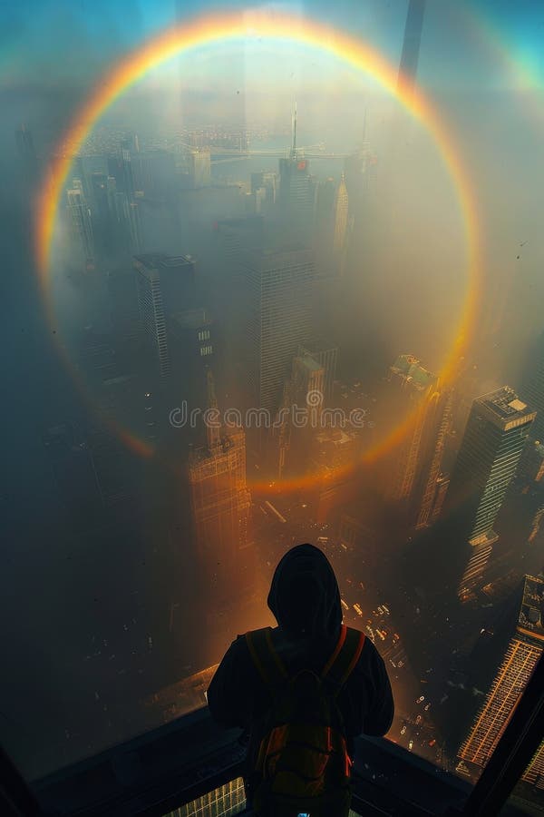 Rainbow Over a Large Modern City with High-rise Buildings Stock Image ...