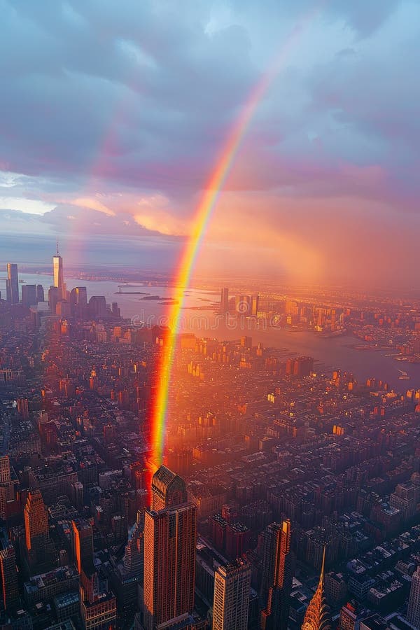 Rainbow Over a Large Modern City with High-rise Buildings Stock Photo ...