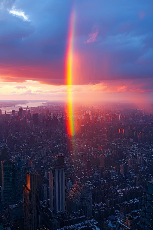 Rainbow Over a Large Modern City with High-rise Buildings Stock Image ...