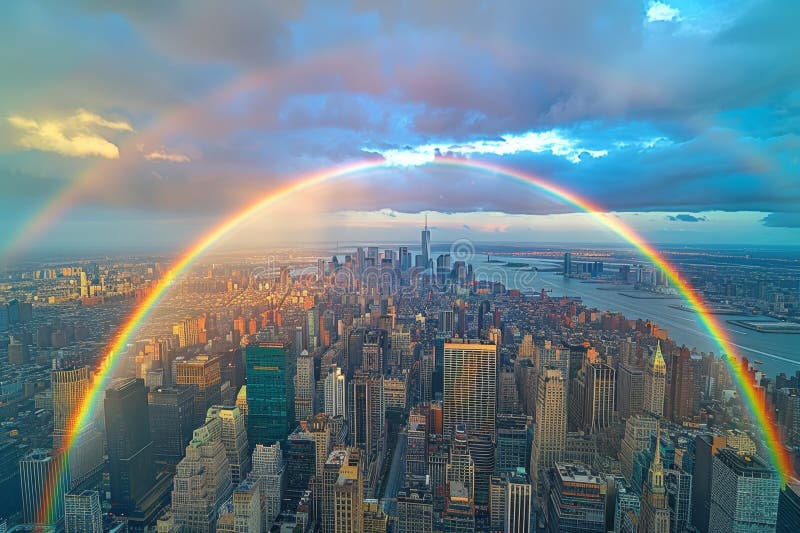 Rainbow Over a Large Modern City with High-rise Buildings Stock Image - Image of evening ...
