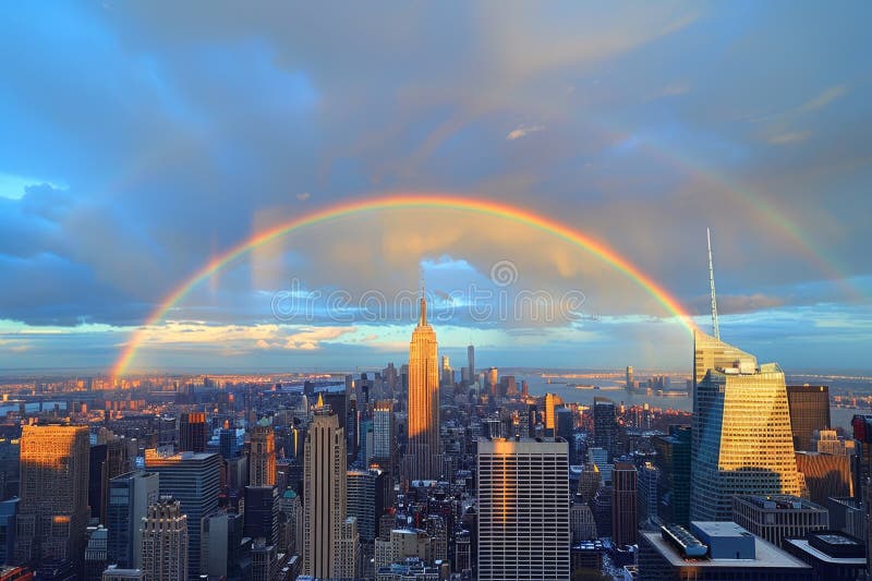 Rainbow Over a Large Modern City with High-rise Buildings Stock Photo ...