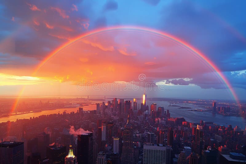 Rainbow Over a Large Modern City with High-rise Buildings Stock Image ...
