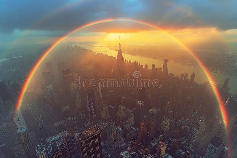 Rainbow Over a Large Modern City with High-rise Buildings Stock Image ...