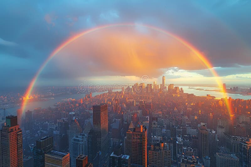 Rainbow Over a Large Modern City with High-rise Buildings Stock Image ...