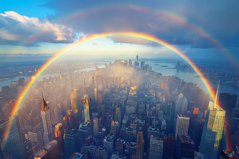 Rainbow Over a Large Modern City with High-rise Buildings Stock Image ...