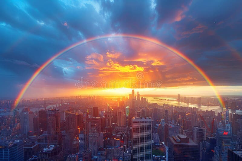Rainbow Over a Large Modern City with High-rise Buildings Stock Image ...