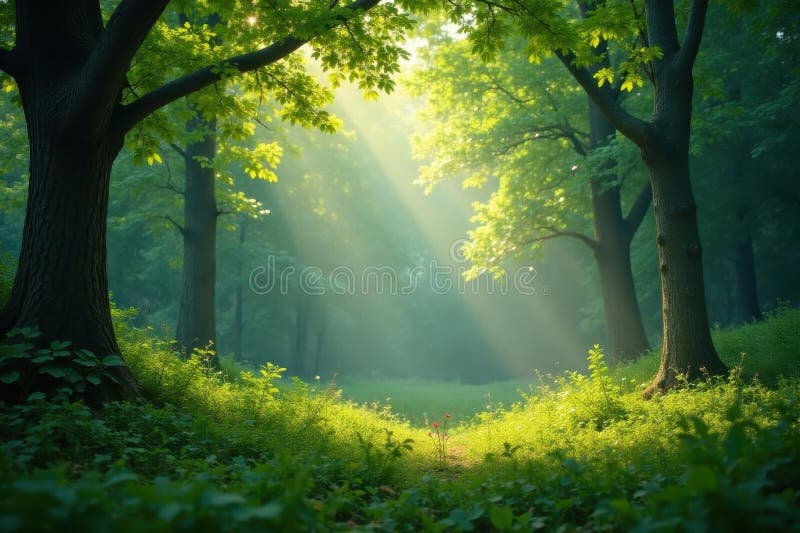 Rainbow Over Lush Green Forest, Dappled Sunlight, Bright, Fresh, Light ...