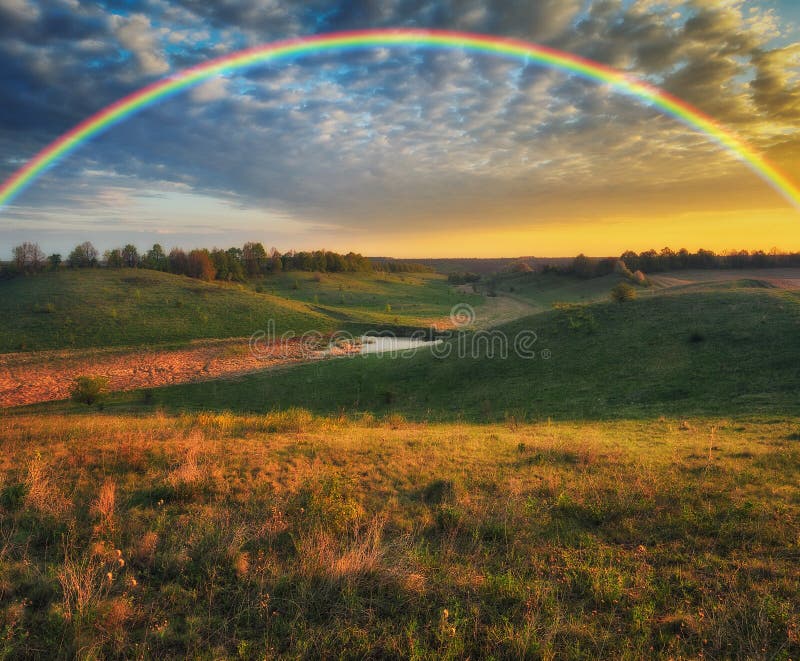 Rainbow Over the Meadow. Picturesque Spring Morning Stock Image - Image ...