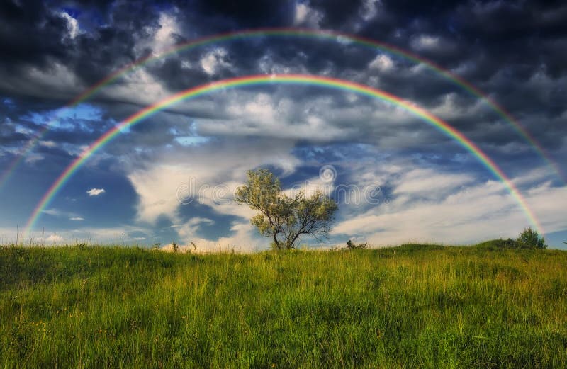Rainbow Over The River. Picturesque Spring Meadow Stock Photo - Image ...