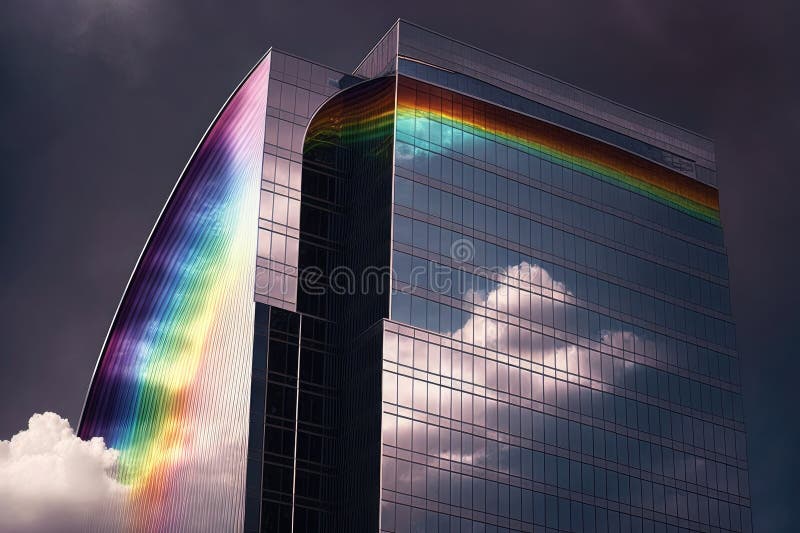 Rainbow Over Modern Glass Skyscraper with Reflection in the Windows ...