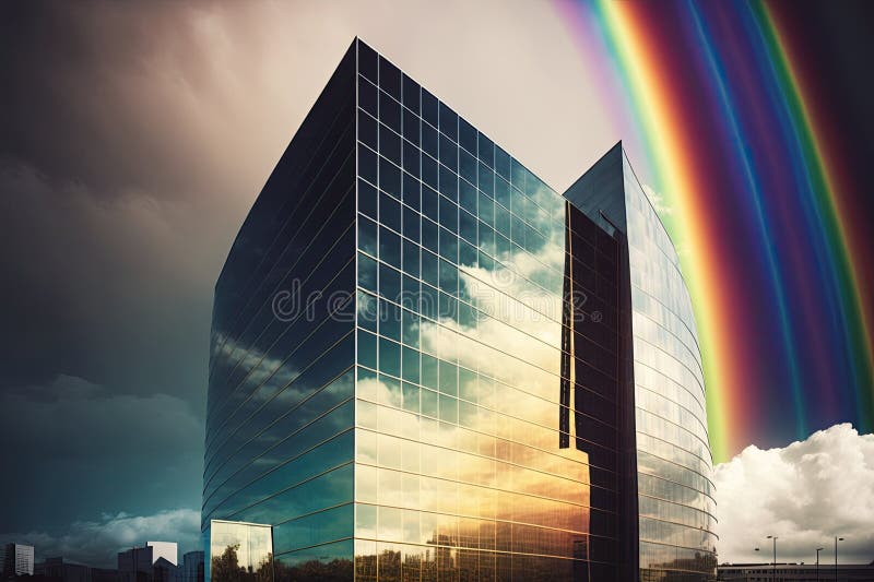 Rainbow Over Modern Glass Skyscraper with Reflection in the Windows ...