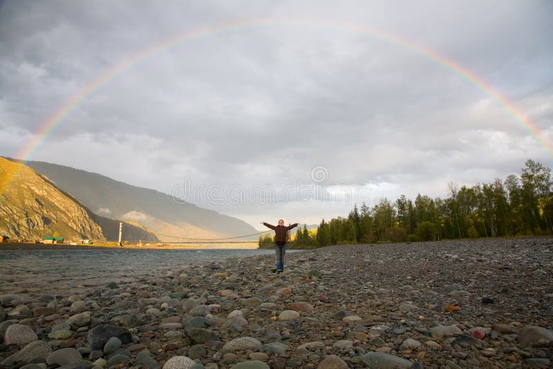 Rainbow Over the Mountain River Stock Photo - Image of mountains ...