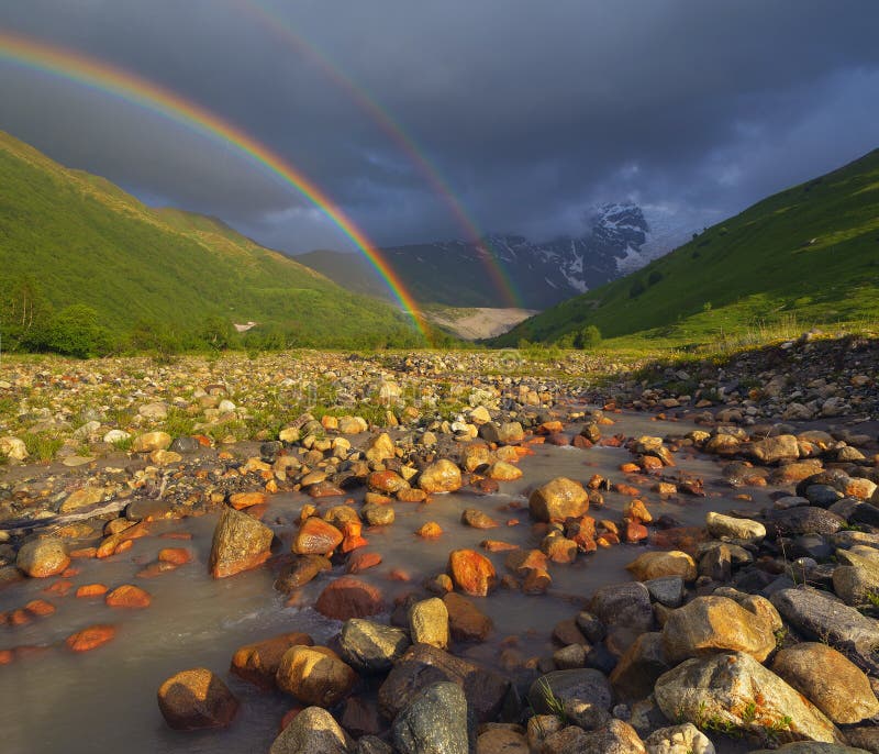 Rainbow Over The Mountain River Stock Image - Image of rain, river ...