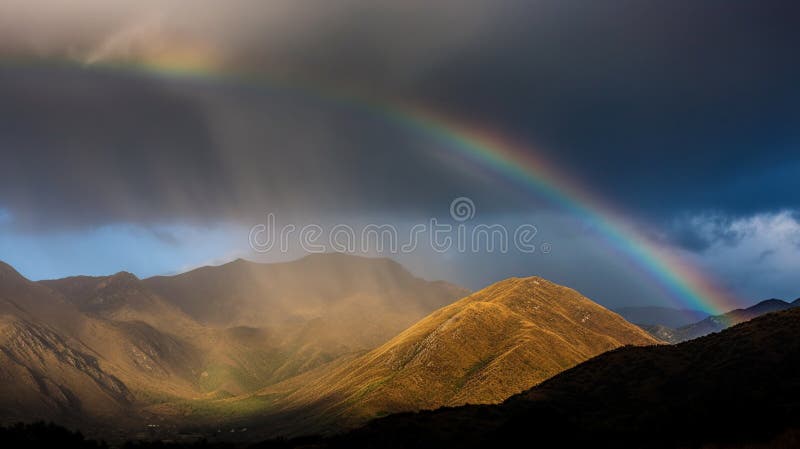 Rainbow over the mountains stock illustration. Illustration of hiking ...