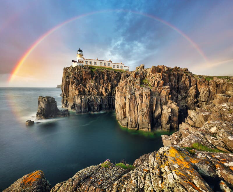 Rainbow Over Neist Point Lighthouse on the Green Cliffs of the Isle of ...