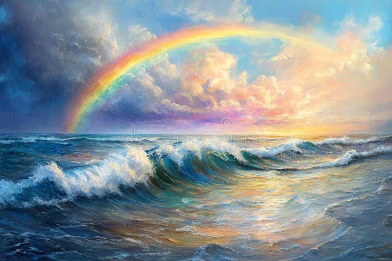 Colorful Rainbow Over the Ocean. with Dramatic Sky Clouds and Rushing ...