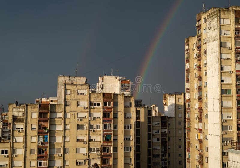Rainbow Over Residential City Quarter Stock Image - Image of outside ...