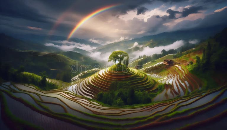 A Rainbow Over Rice Terraces, Ai Generated Image Stock Photo - Image of ...