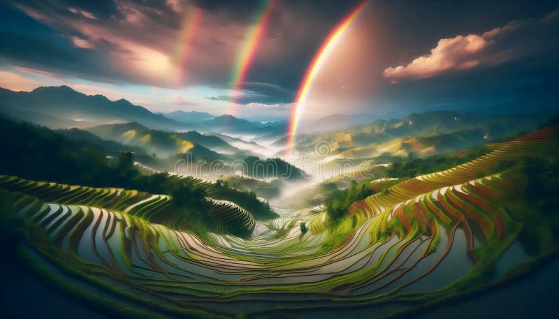 A Rainbow Over Rice Terraces, Ai Generated Image Stock Image - Image of ...