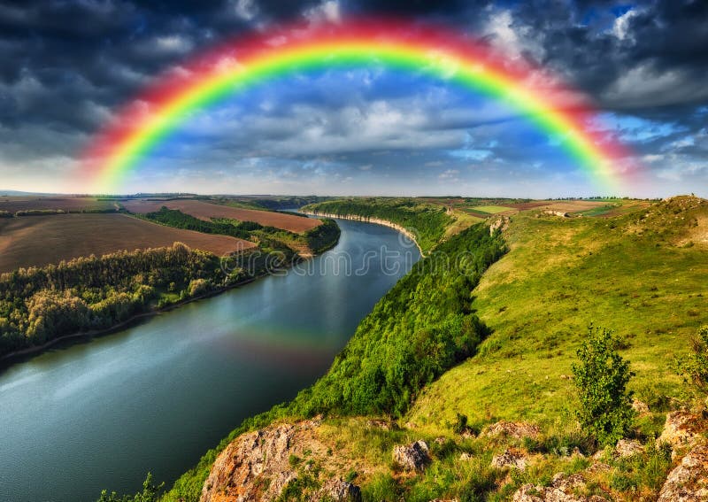 Rainbow Over the River. Picturesque Spring Meadow Stock Photo - Image ...