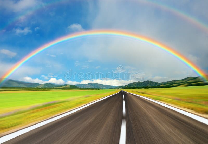 Rainbow over road stock image. Image of mountain, green - 7909627