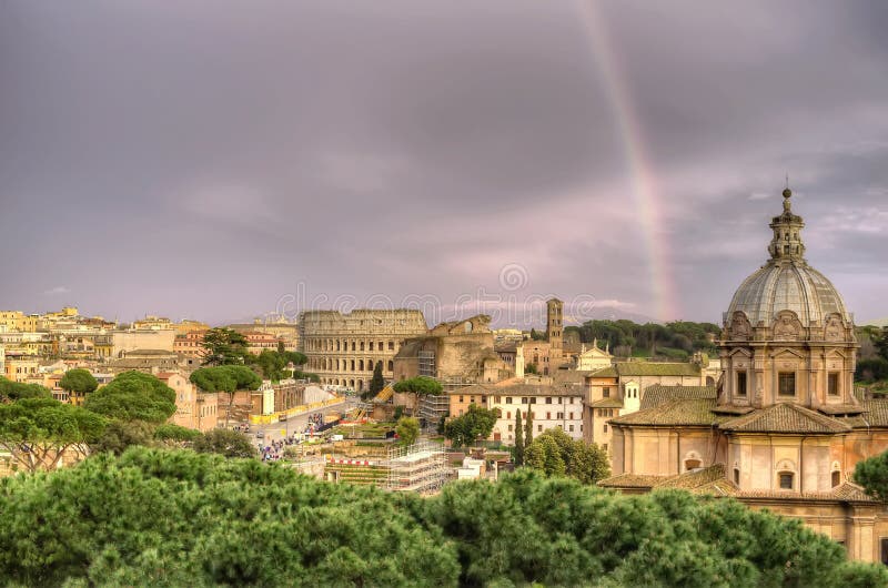 Tiber and St Peter Basilica in Vatican with Rainbow, Roma Stock Photo ...