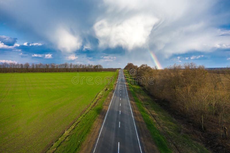 Rainbow Over Rural Highway Road Spring Landscape Aerial View Stock ...