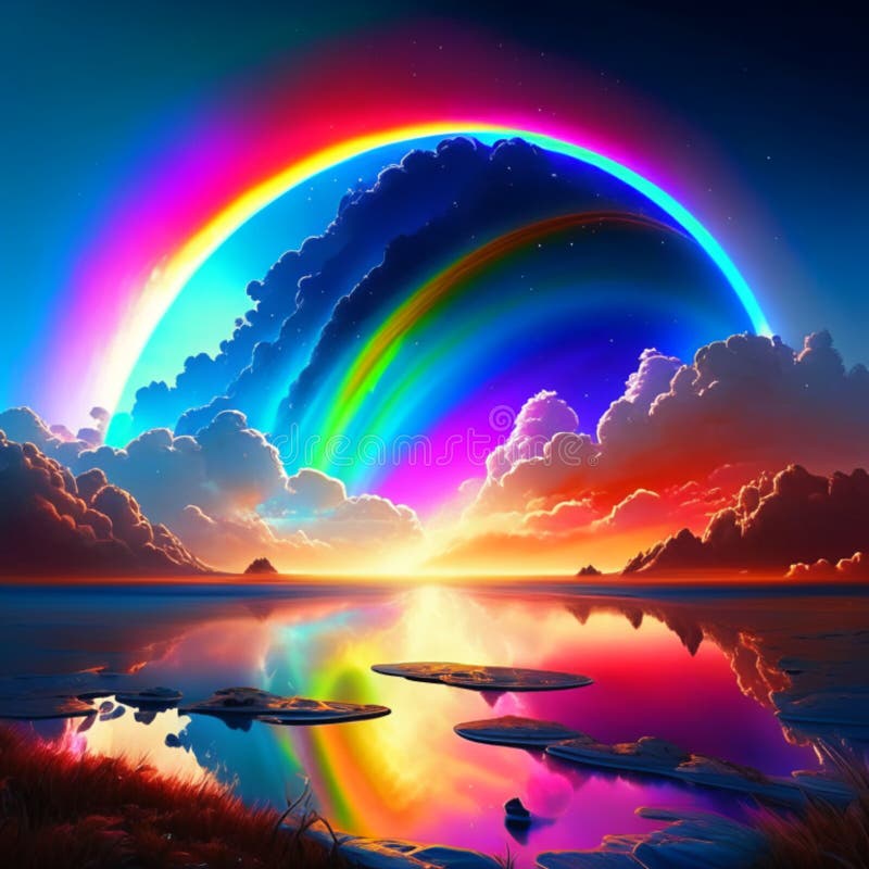 Rainbow Over the Sea with Reflection in Water, 3d Illustration AI ...