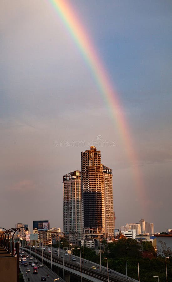 Rainbow Over Skyscrapers in Bangkok Editorial Photography - Image of ...