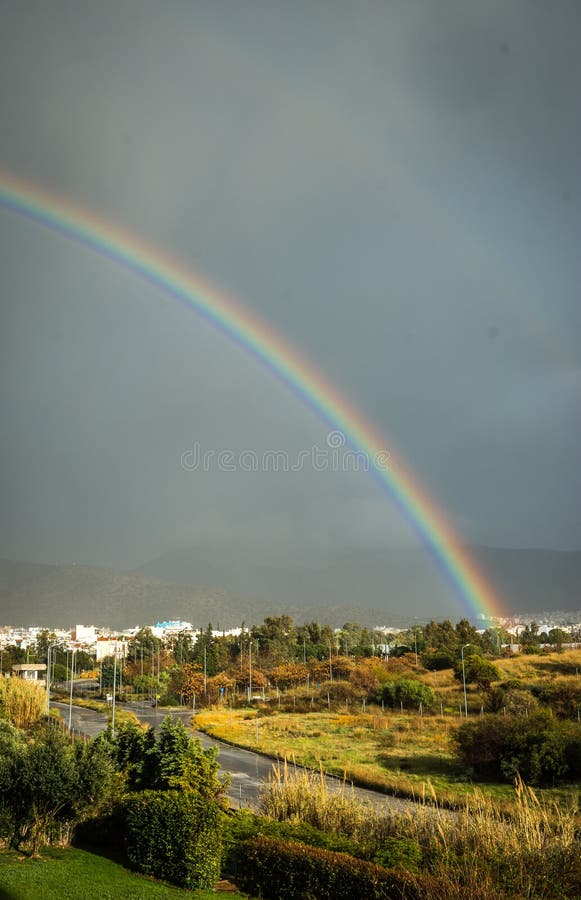 Rainbow Over the Suburb of Athens, Greece Stock Photo - Image of pretty ...
