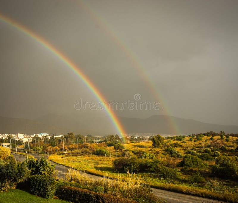 Rainbow Over the Suburb of Athens, Greece Stock Image - Image of ...