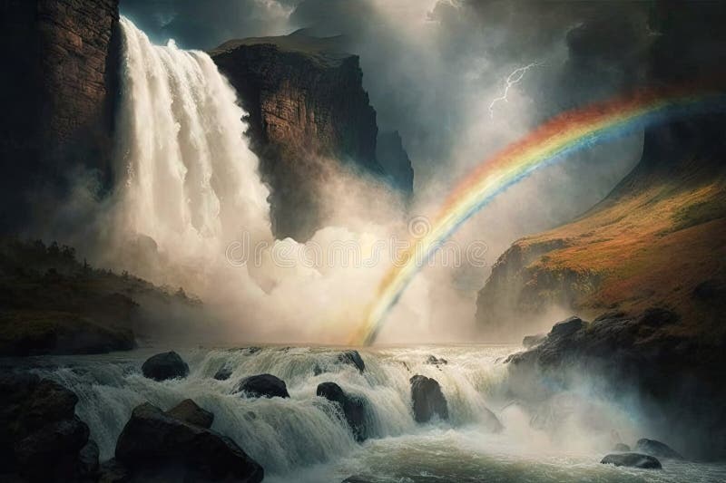 A Rainbow Over a Thundering Waterfall, with Mist Rising into the Air ...