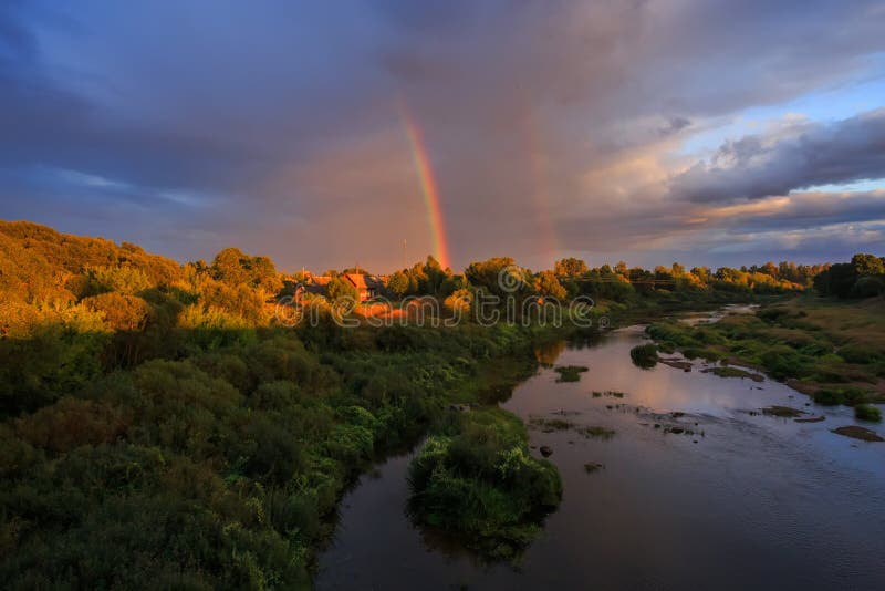 Rainbow Over the Village and the River Stock Image - Image of travel ...