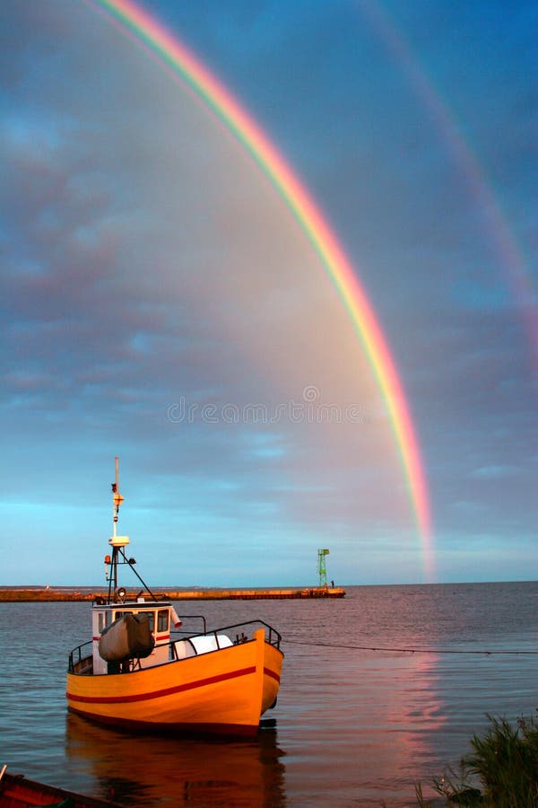 Rainbow Over the Water, View of the Boat and the Bay Stock Image ...