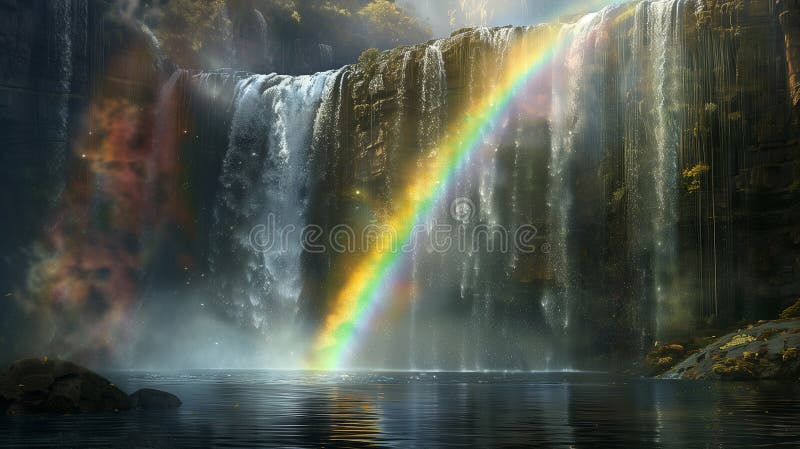 Rainbow over a waterfall stock illustration. Illustration of ...