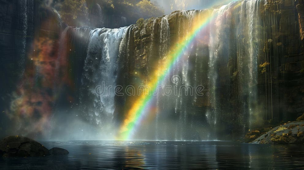 Rainbow over a waterfall stock illustration. Illustration of ...