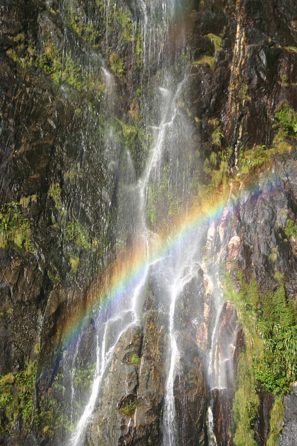 Rainbow Over The Milford Sound Waterfall Stock Image - Image of sound ...