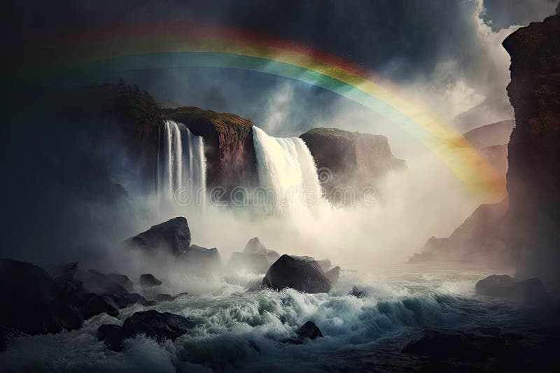 Rainbow Over a Waterfall, with Mist and Spray Visible Stock ...