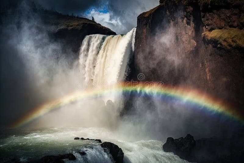 Rainbow Over a Waterfall, with Mist and Spray Visible Stock ...