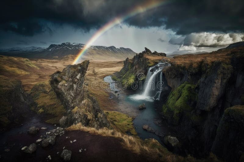 A Rainbow Over a Waterfall in a Rugged and Remote Landscape Stock ...